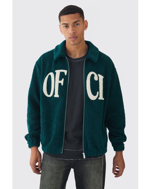 BoohooMAN Oversized Ofcl Boxy Boucle Borg Harrington Jacket in Green ...