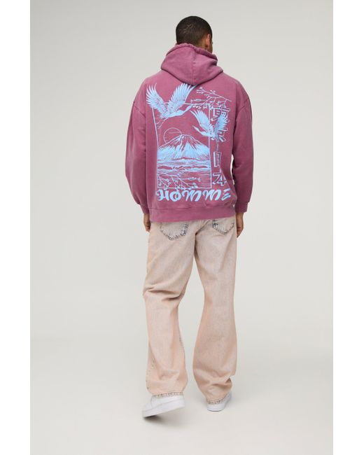 BoohooMAN Oversized Homme Bird Volcano Graphic Washed Hoodie in Red for ...