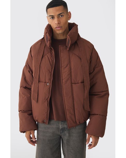 BoohooMAN Boxy Fit Drawcord Quilted Funnel Neck Puffer Coat In ...