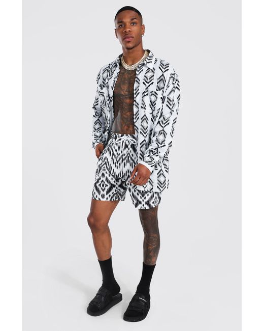Boohooman Long Sleeve Oversized Aztec Shirt And Short Set In White For