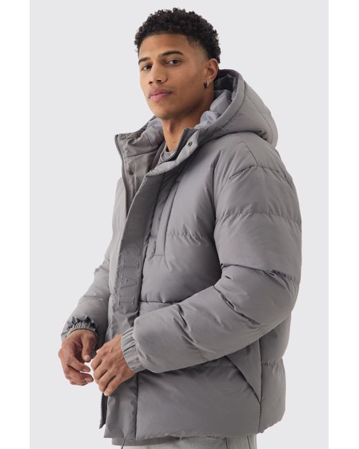 BoohooMAN Official Embossed Hooded Puffer Coat In Charcoal in Gray for ...
