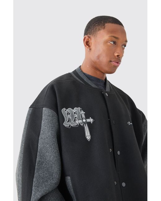 BoohooMAN Oversized Official Colour Block Varsity Jacket in Black for ...