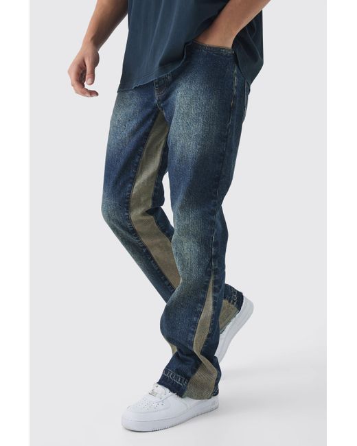 BoohooMAN Slim Rigid Flare Distressed Gusset Panel Acid Washed Denim ...