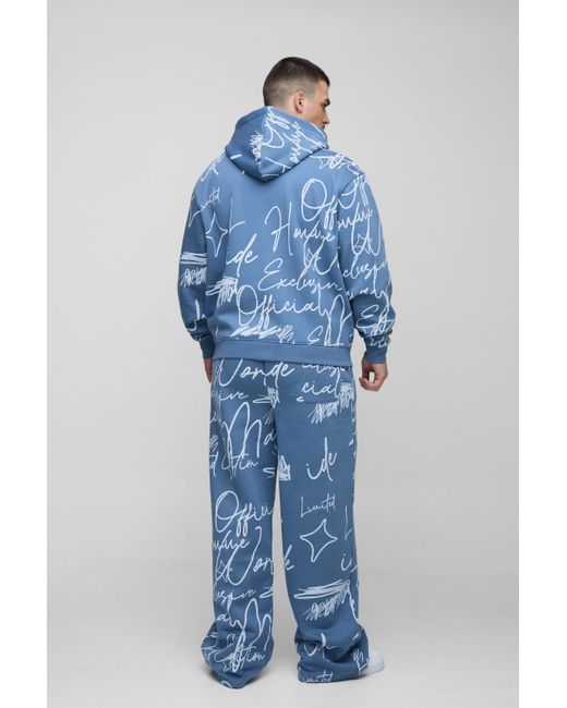 BoohooMAN Tall Oversized Boxy Graffiti Hooded Wide Leg Tracksuit in ...