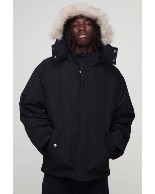 BoohooMAN Oversized Faux Fur Trim Hooded Funnel Parka Jacket in Blue ...