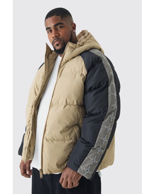 BoohooMAN Plus Worldwide Hooded Colour Block Puffer Jacket In Stone in ...