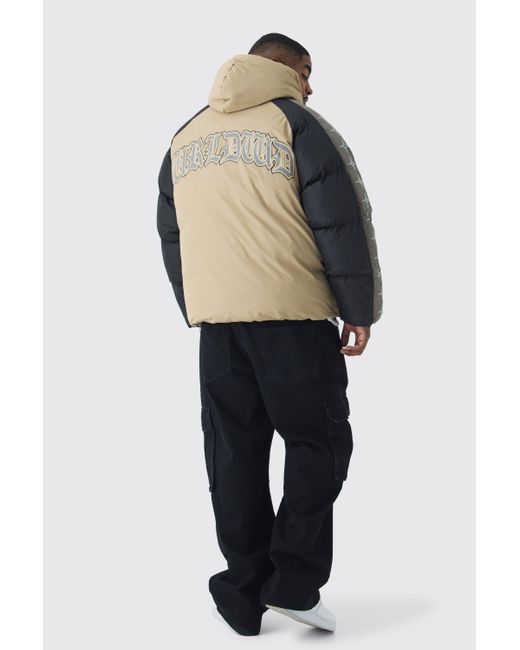 BoohooMAN Plus Worldwide Hooded Colour Block Puffer Jacket In Stone in ...
