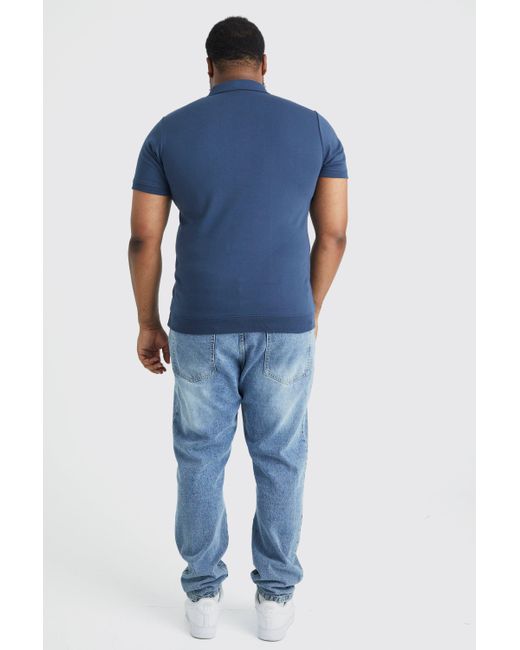 Boohooman Plus Muscle Fit Colour Block Interlock Polo In Blue For Men