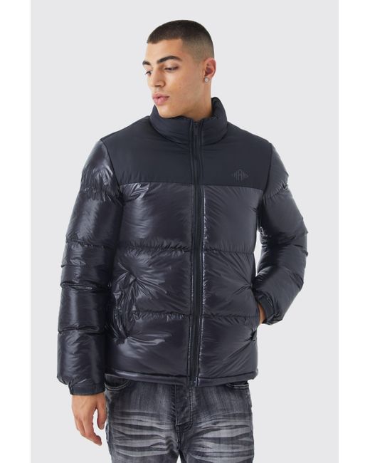 Boohooman Man High Shine Colour Block Puffer In Blue For Men Lyst