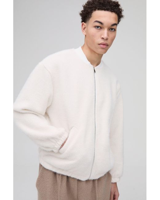 BoohooMAN Oversized Boxy Fluffy Textured Bomber Jacket in White for Men ...