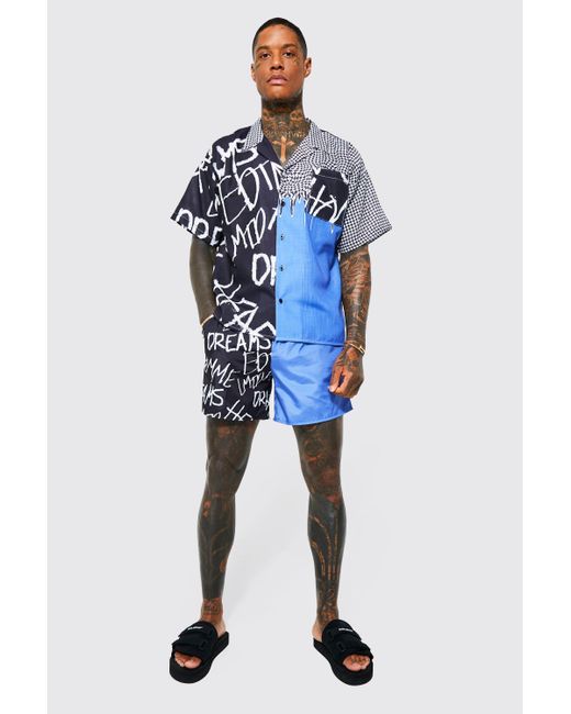Boohooman Synthetic Boxy Fit Graffiti Spliced Slub Shirt And Swims Set