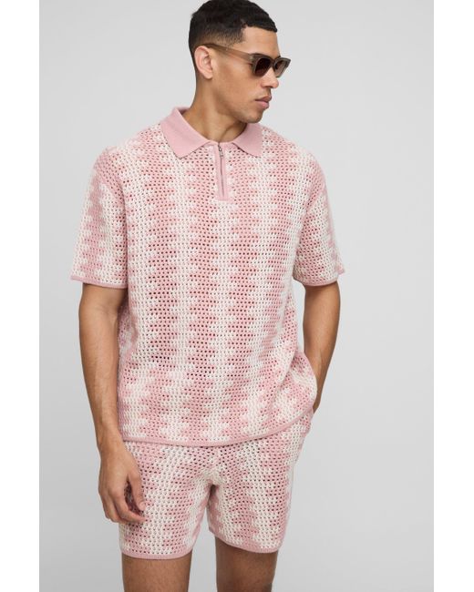 BoohooMAN Oversized Boxy Crochet Look Stripe Shorts Knitted Polo Set in ...