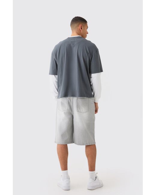 Boohooman Oversized Boxy Faux Layer Acid Wash Embroidered Ofcl T Shirt