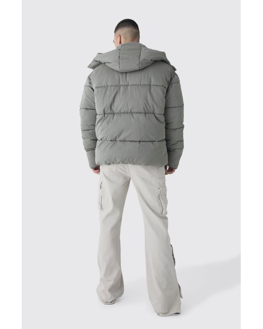 BoohooMAN Tall Extended Funnel Neck Hooded Puffer Jacket In Grey in ...