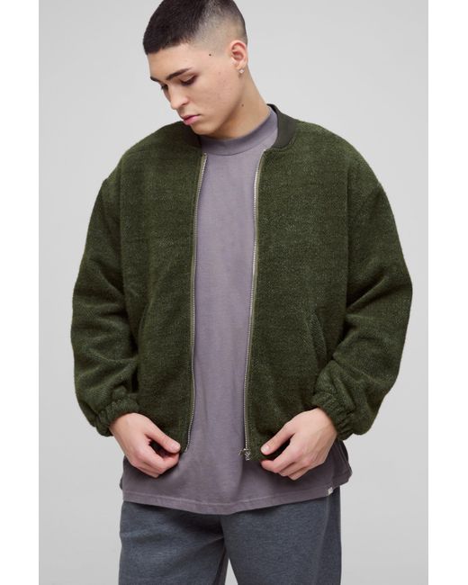 BoohooMAN Oversized Boxy Fluffy Textured Bomber Jacket in Gray for Men ...