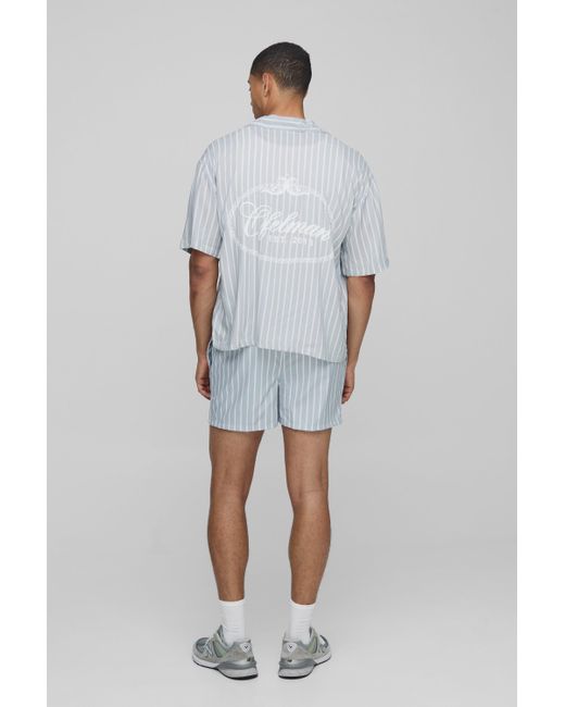 BoohooMAN Oversized Boxy Fit Pinstripe Shirt And Swim Set in Gray for ...