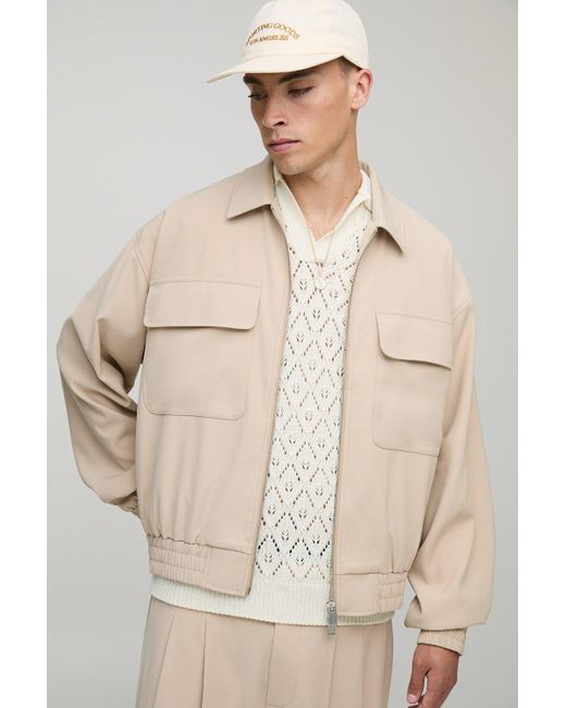 BoohooMAN Oversized Boxy Cargo Pocket Harrington Jacket in Natural for ...