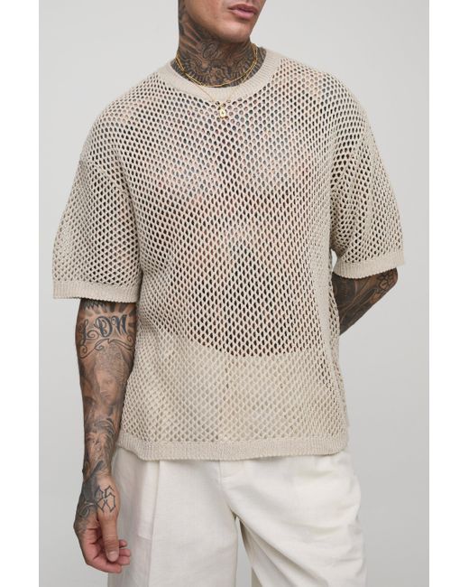 BoohooMAN Tall Fishnet Crochet Oversized T-Shirt in Natural for Men | Lyst