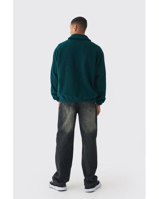 BoohooMAN Oversized Ofcl Boxy Boucle Borg Harrington Jacket in Green ...