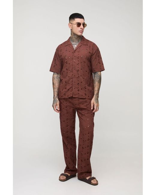 BoohooMAN Tall Oversized Broderie Shirt & Pants Set in Red for Men | Lyst