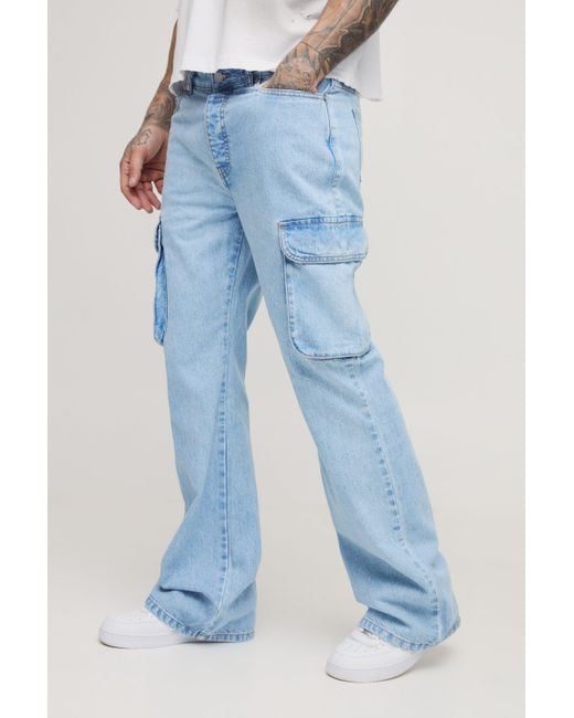 BoohooMAN Tall Relaxed Rigid Flare Cargo Jeans in Blue for Men | Lyst