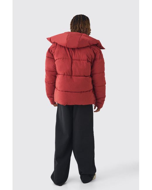 BoohooMAN Tall Extended Funnel Neck Hooded Puffer Jacket In Rust in Red ...