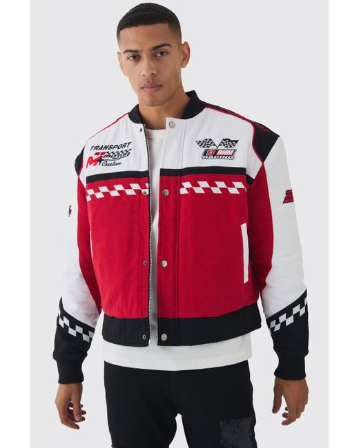 BoohooMAN Oversized Boxy Official Twill Padded Moto Jacket in Red for ...