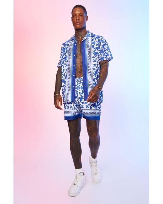 Boohooman Oversized Slub Geo Shirt And Shorts Set In Blue For Men Lyst