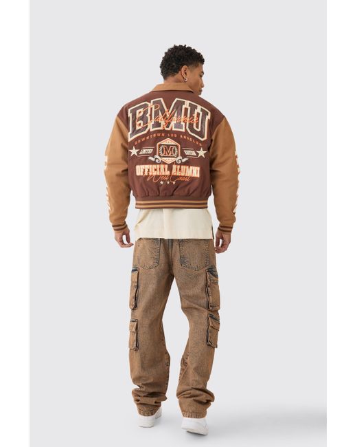 BoohooMAN Boxy Collared Twill Varsity Bomber Jacket in Brown for Men | Lyst