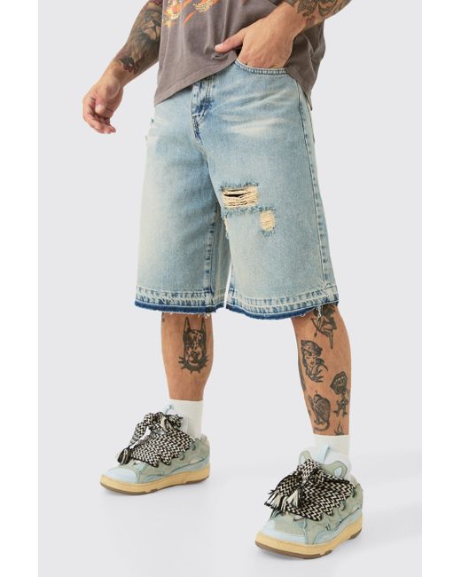 BoohooMAN Ripped Denim Jorts in Blue for Men | Lyst