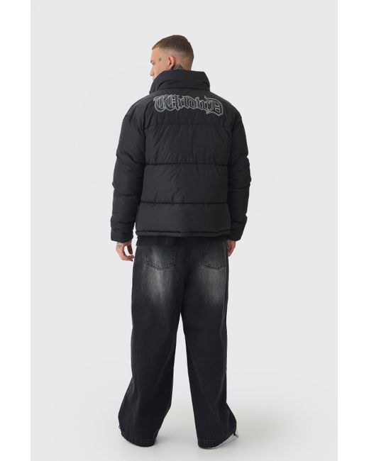 BoohooMAN Tall Worldwide Applique Funnel Neck Puffer Jacket In Black in ...