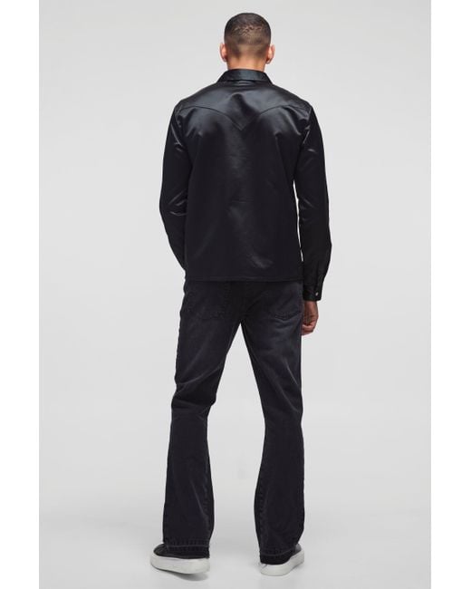 BoohooMAN Slim Rigid Flare Distressed Gusset Panel Acid Washed Denim ...