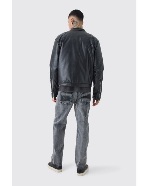 BoohooMAN Tall Boxy Bhm Pu Collarless Moto Biker Jacket In Black in ...