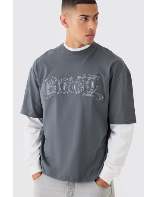 Boohooman Oversized Boxy Faux Layer Acid Wash Embroidered Ofcl T Shirt
