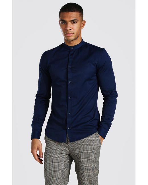 Boohooman Muscle Fit Grandad Collar Long Sleeve Shirt In Navy Blue