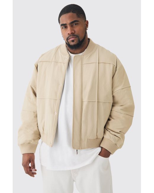 BoohooMAN Plus Boxy Panel Padded Nylon Bomber Jacket In Stone in ...