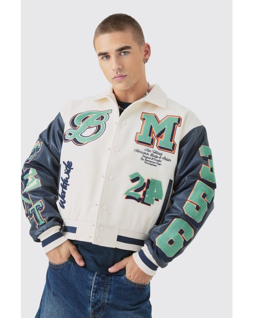 BoohooMAN Boxy Bm Badge Collared Varsity Jacket In Ecru in Gray for Men ...