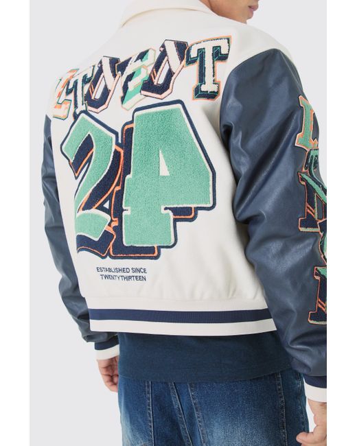 BoohooMAN Boxy Bm Badge Collared Varsity Jacket In Ecru in Gray for Men ...