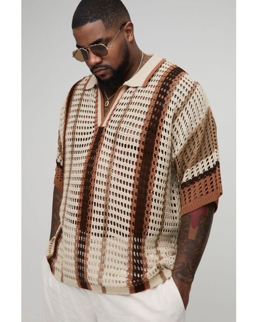 BoohooMAN Plus Oversized Boxy Stripe Open Knit Polo in Brown for Men | Lyst