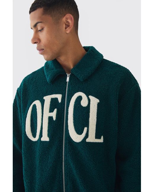 BoohooMAN Oversized Ofcl Boxy Boucle Borg Harrington Jacket in Green ...