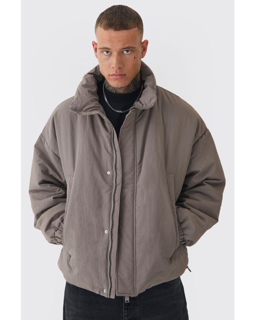 BoohooMAN Tall Oversized Boxy Padded Funnel Neck Coat in Gray for Men ...