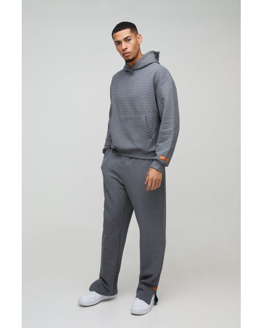BoohooMAN Oversized Boxy Herringbone Woven Tab Hooded Tracksuit in Gray ...
