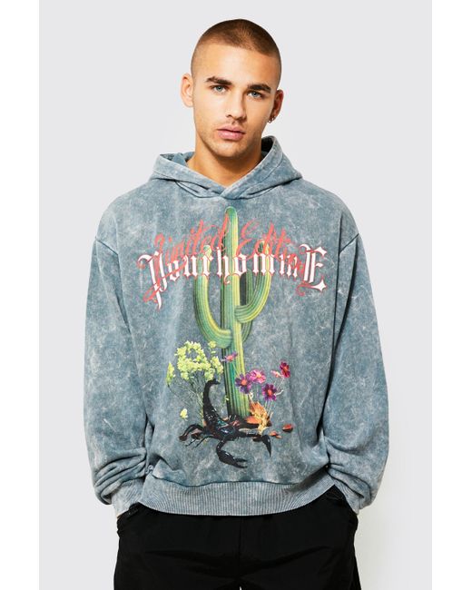 Boohooman Cotton Oversized Boxy Acid Wash Graphic Hoodie In Grey Gray