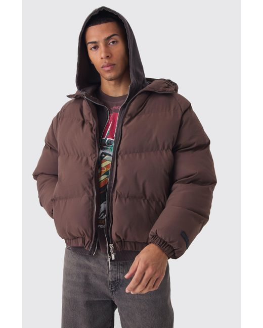 BoohooMAN Man Regular Fit Hooded Puffer Coat In Brown for Men | Lyst