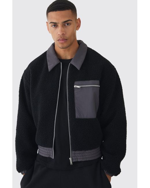 BoohooMAN Boxy Borg And Nylon Collared Bomber Jacket in Black for Men ...