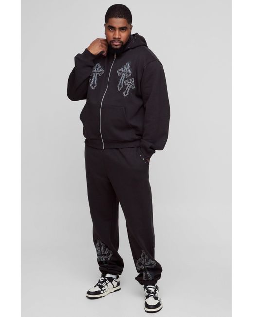 BoohooMAN Tall Oversized Boxy Cross Embroidered Zip Through Hooded ...