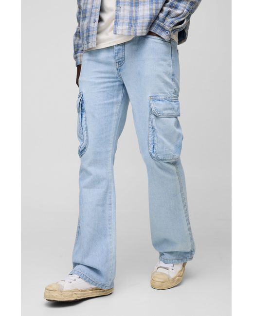 BoohooMAN Relaxed Rigid Flare Cargo Denim Jeans in Blue for Men | Lyst