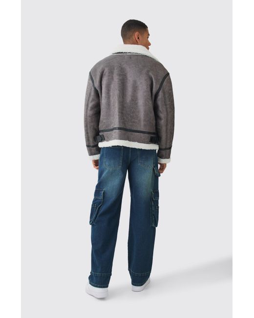 BoohooMAN Biker Borg Aviator Jacket in Gray for Men | Lyst