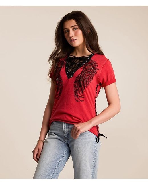 Affliction Medallion Lace-Up T-Shirt in Red | Lyst