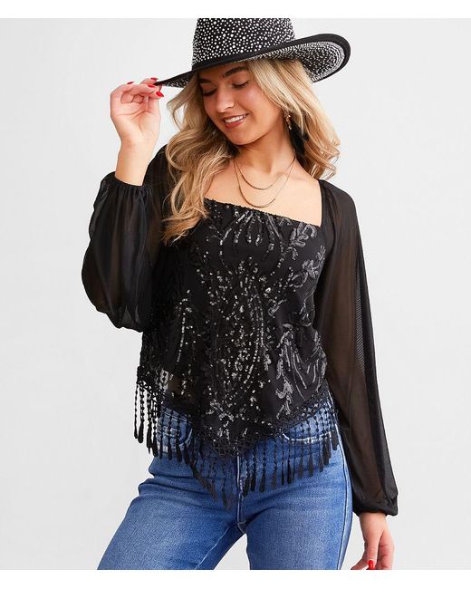 Daytrip Sequin Hanky Hem Fringe Top in Black | Lyst